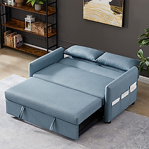 Aoowow Convertible Sleeper Sofa Bed 57 Inches, Faux Leather 2 Seats Sofa with Pull Out Bed,Loveseat Sofa Couch with Adjustable Backrest, 2 Pillows Pocket for Living Room Small Apartment (Sky Blue)