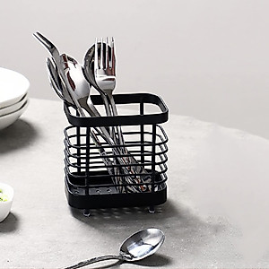 ANHORTS Utensil Holder Stainless Steel, Cutlery Drainer Rack for Kitchen Counter, Countertop Organizer for Flatware Silverware Dinner Forks, Knives and Spoons, Black