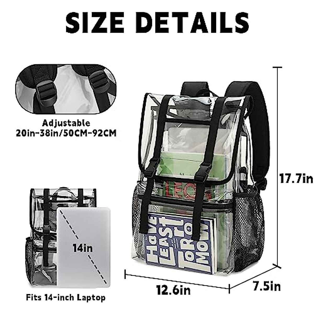 AUOBAG Clear Backpack Heavy Duty,Transparent Backpacks Stadium Approved,Free Personalized Stickers (Black-01)