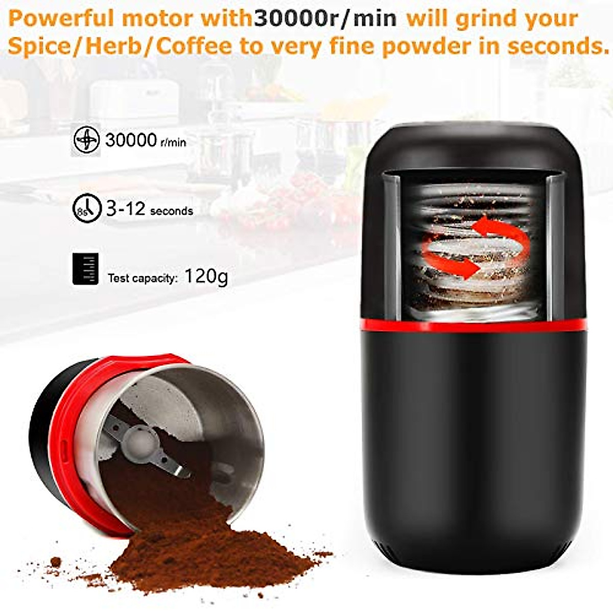 Herb Grinder Electric, Turimon Large Herbal/Coffee Grinders / Mill / Crusher for Spice and Herbs With Cleaning Brush - Black - 4.2 oz Capacity