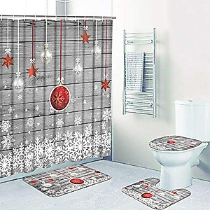 Ikfashoni 4 Pcs Christmas Shower Curtains Set with Non-Slip Rugs, Toilet Lid Cover and Bath Mat, Grey Vintage Wooden Shower Curtain with 12 Hooks, Xmas Snowflake Shower Curtain for Bathroom