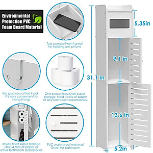 WODETREE Upgrade 9mm Thickness Small Bathroom Storage Cabinet with 2 Doors and 2 Shelves, W5.9 x D6.2 x H31.5 Bathroom Organizer, 4 Tier Design Toilet Paper Storage for Small Space and Corner(White)