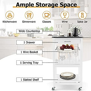IFANNY Kitchen Island Cart, White Rolling Cart with Stainless Steel Table Top, Drawer, Metal Baskets & Wooden Tray, Wood Storage Cart on Wheels, Modern Serving Cart for Restaurant, Hotel