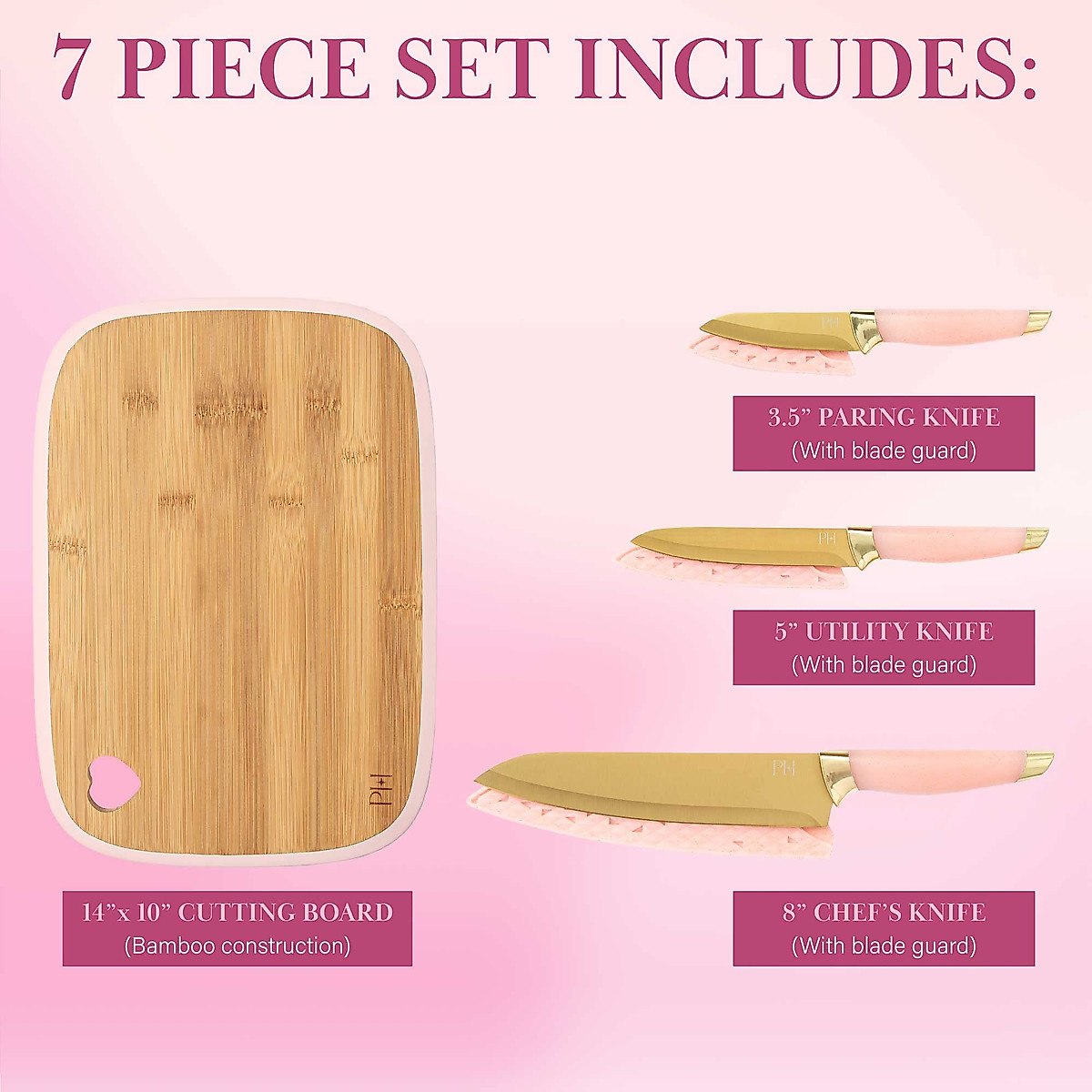 Paris Hilton Reversible Bamboo Cutting Board and Cutlery Set with Matching High Carbon Stainless Steel Knives, Blade Guards, Sleek Yet Comfortable Handle Grips, 7-Piece Set Gold, Pink