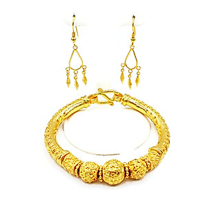 Lai Thai Gold Plated Bangle 24k Thai Baht Yellow Gold Filled Bracelet Size 6.5 Inch and Earrings 1 Pair