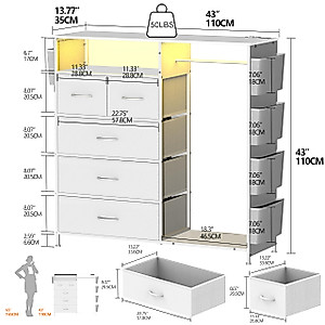 Espelism Dresser for Bedroom with Clothes Rack Side Pockets White 5 Drawers Dresser with Charging Station LED Lights Sturdy Steel Frame Wood Top Organizer Unit for Nursery Hallway Closet