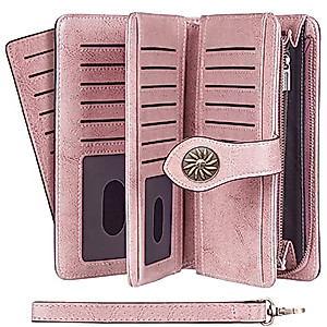 Travelambo Womens Wallet Large Capacity RFID Blocking Genuine Leather Wristlet Wallets(Pink)
