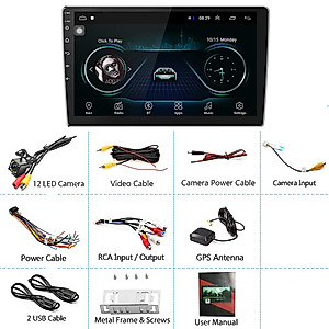 Hikity 10.1 Inch Android Car Stereo Touch Screen Double Din Car Radio WiFi Bluetooth GPS Navigation FM Radio Support Mirror Link for Android/iOS Phone, with 12 Led Lights HD Rear View Camera