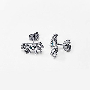 Turquoise Gemstone Wolf with Paw Southwestern Style 925 Sterling Silver Post Back Stud Earrings for Women