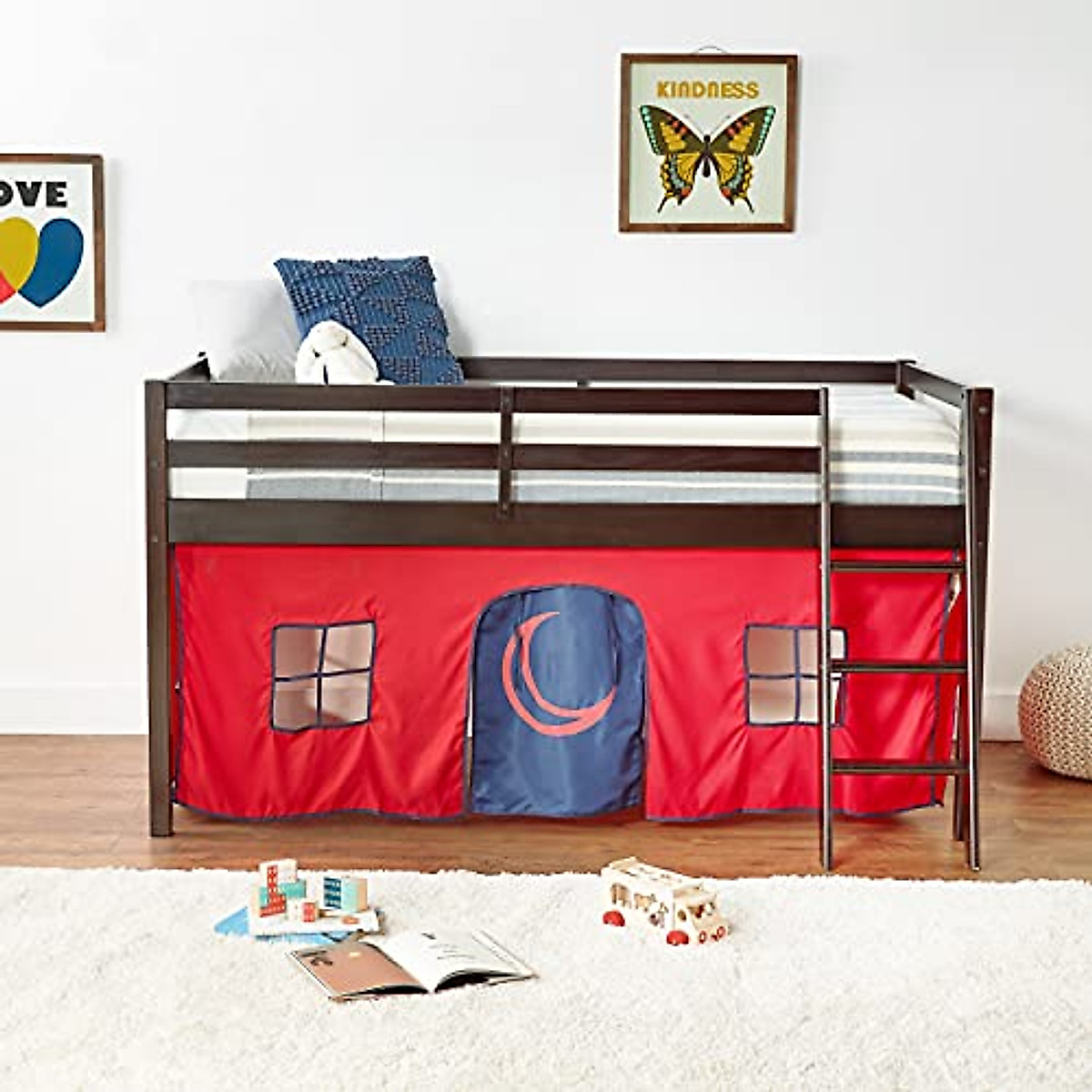 Alaterre Furniture Roxy Pine Twin Junior Loft Bed, Espresso with Red & Blue Tent