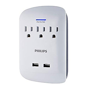 Philips 3-Outlet Extender with 2-USB Port Surge Protector, Charging Station, 900 Joules, Grounded Power Adapter, Indicator Light, 3-Prong, 2.4 AMP/12 Watt, ETL Listed, White, SPP6233WB/37