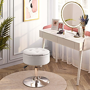 GREENSTELL Vanity Stool with Storage, 19" to 23" Height Adjustable PU Leather Vanity Chair, 360° Swivel Makeup Stool with Removeable Tray, Modern Ottoman for Bedroom Bathroom, White