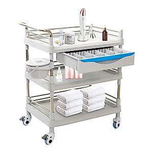biosp Medical Trolley 3 Tier 500 LBS Heavy Duty Professional Utility Cart Beauty Salon Rolling Trolley with Swivel Casters, Dirt Bucket & Drawer for Hospital Dental Clinic, 38.58'' x 24.41'' x 16.34''