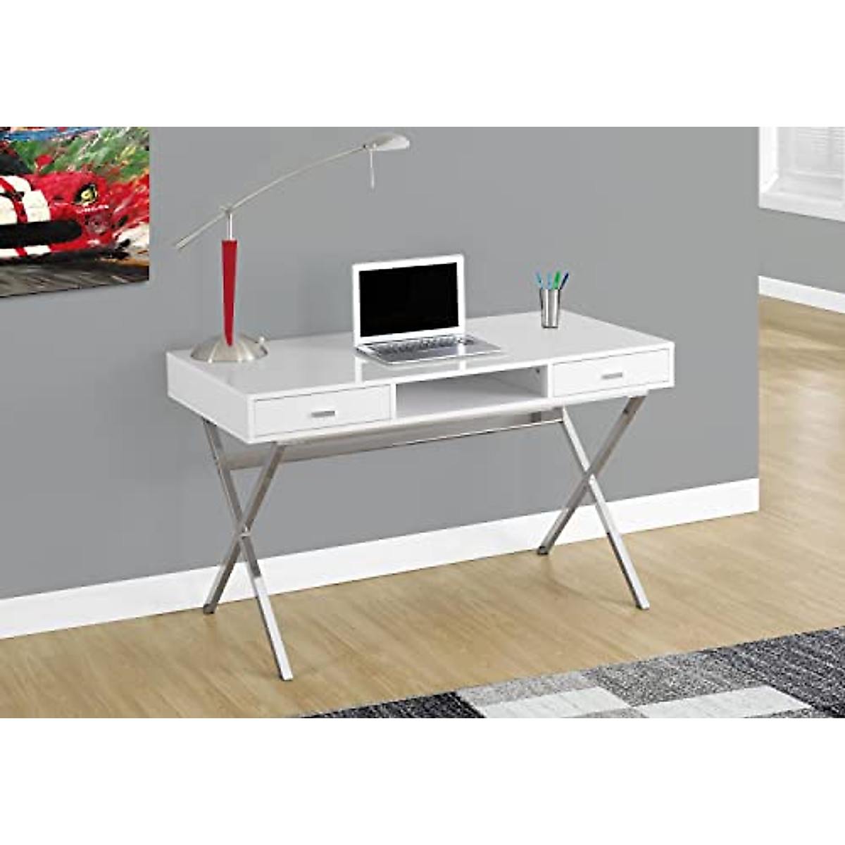 Monarch Specialties Laptop Table with Drawers and Open Shelf Computer, Writing Desk, Metal Sturdy Legs, 48" L, Glossy White