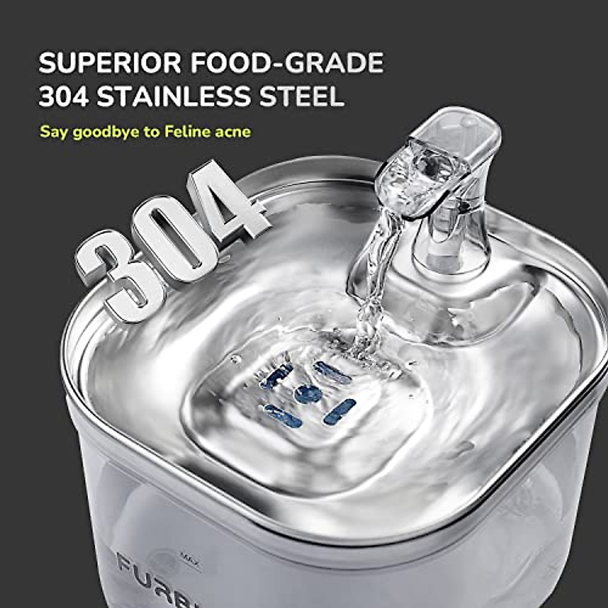 FURBULOUS pet Fountain 68oz/2L, Automatic cat Water Fountain, 3-Speed Adjustable Silent Water Pump, 304 Stainless Steel Drinking Tray, Translucent Water Tank. Dog Water Dispenser for Multiple Pets