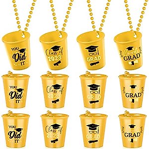 Kingdder 12 Pcs Casino Shot Glass Necklace on Beaded Plastic Shot Necklace Cup Shot Glasses Casino Themed Party Favors, Graduation Las Vegas Party Decoration, 4 Styles(Grad)