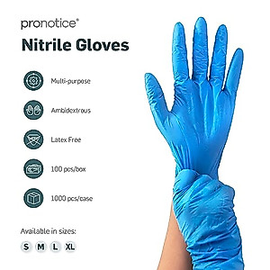 Pronotice Disposable Nitrile Glove, Blue, General Purpose, PowderFree, Food Safe, Cleaning, Latex-Free, Full Case 1000 Gloves (Large)