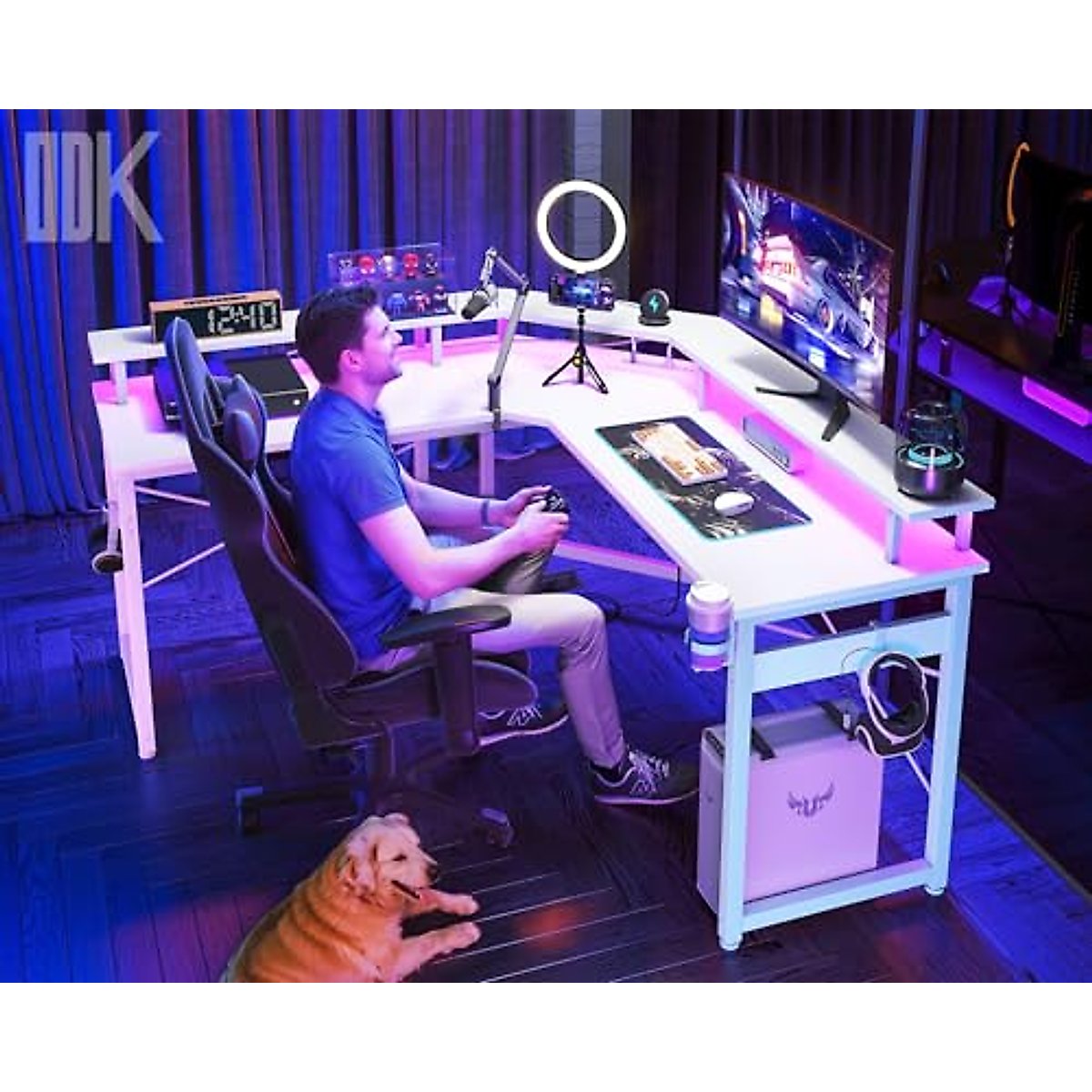 ODK L Shaped Gaming Desk with LED Lights & Power Outlets, 51" Computer Desk with Full Monitor Stand, Corner Desk with Cup Holder, Gaming Table with Hooks, White Carbon Fiber