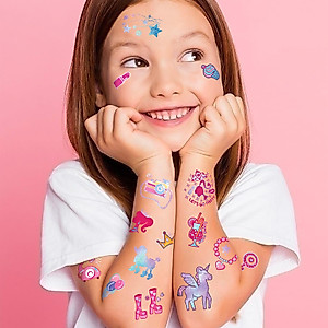 Pink Temporary Tattoos for Kids Girls and Women, Flower Star Handbag Crown Sunglasses Champagne Car Cake Party Fake Tattoos for Decorations, 140+ Styles Temporary Tattoos for Party Supplies & Favors