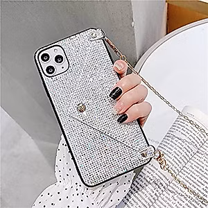Wow Case Series Compatible with iPhone 13 Pro Max Case 6.7 Inch Released 2021, with Card Holder, Crossbody Chain, Shockproof Protective Bumpers Phone Cover Defender (Glitter Shining White Silver)