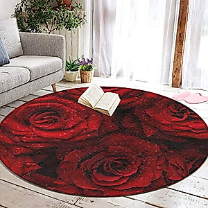 Fashion Round Area Rug Soft Flannel Throw Rugs Non-Slip Floor Carpet Home Decor for Living Room Bedroom Office, Red Rose, 60 Inch Diameter