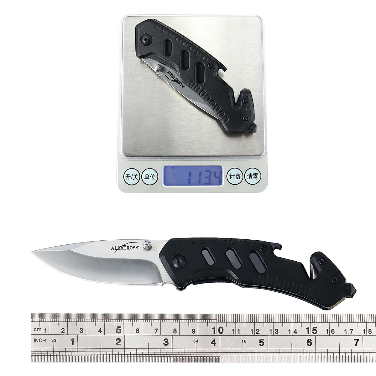 ALBATROSS Classic Multifunction Pocket Folding Knife with Bottle Opener、Glass Hammer and Rope Cutter, Satin Coated Blade and Aluminum Handle，AS-23265 (Black)