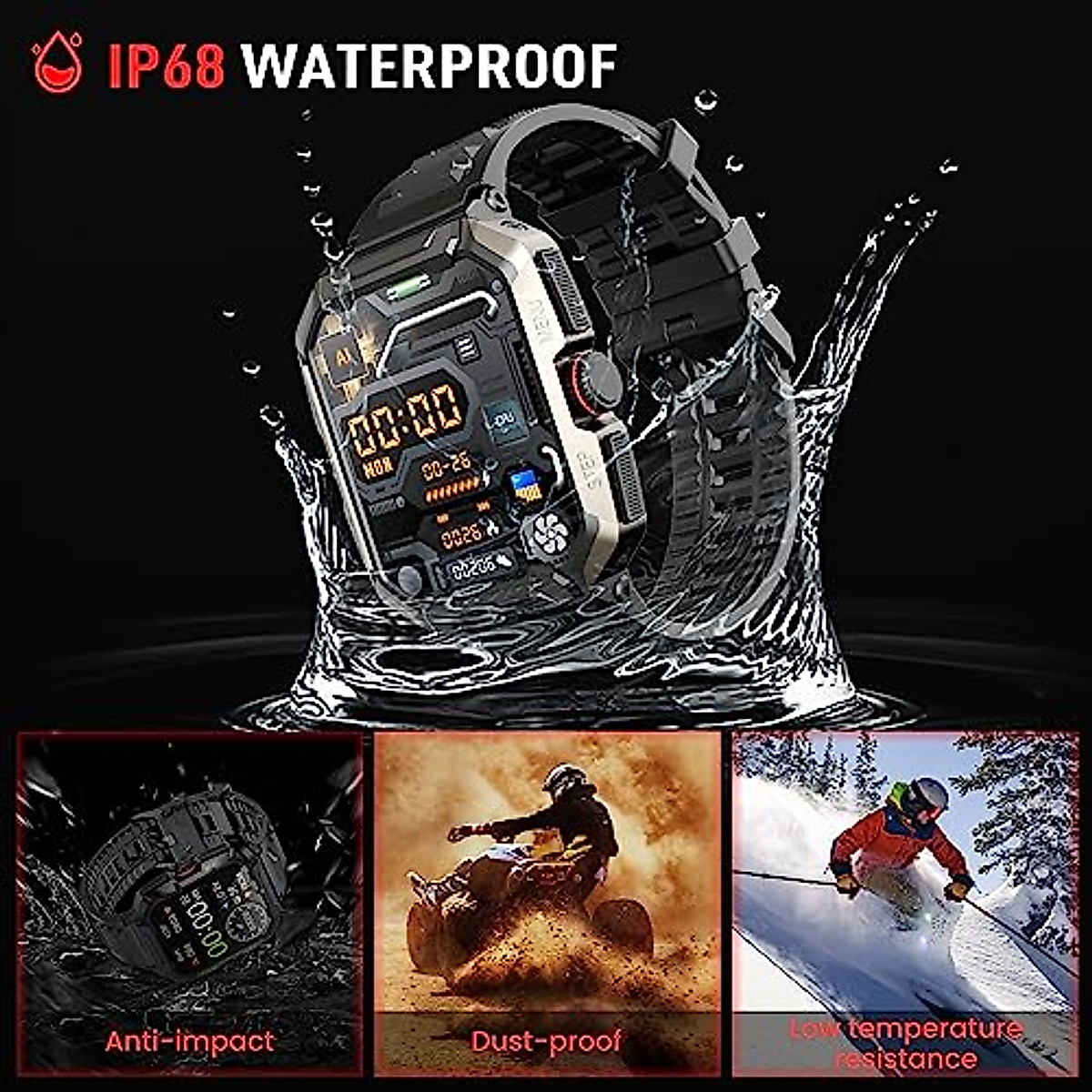 anyloop Military Smart Watches for Men, 1.85" HD Display 400mAh Rugged Smartwatch with Bluetooth Call Tactical IP68 Waterproof Outdoor Fitness Tracker with Heart Rate Monitor for iOS Android Phone