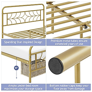 Topeakmart Queen Metal Platform Bed with Sparkling Star-Inspired Design Headboard and 13 Inch Underbed Storage, Antique Gold