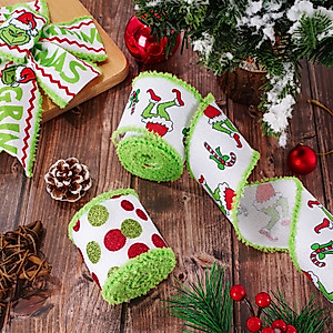 AnyDesign Christmas Wired Edge Ribbon Rolls 2.5 Inch 24 Yards Christmas Craft Fabric Ribbon Cartoon Character Stripe Dot Gift Wrapping Ribbon for Xmas Tree Wreath Bow DIY Craft Decoration, 4 Rolls