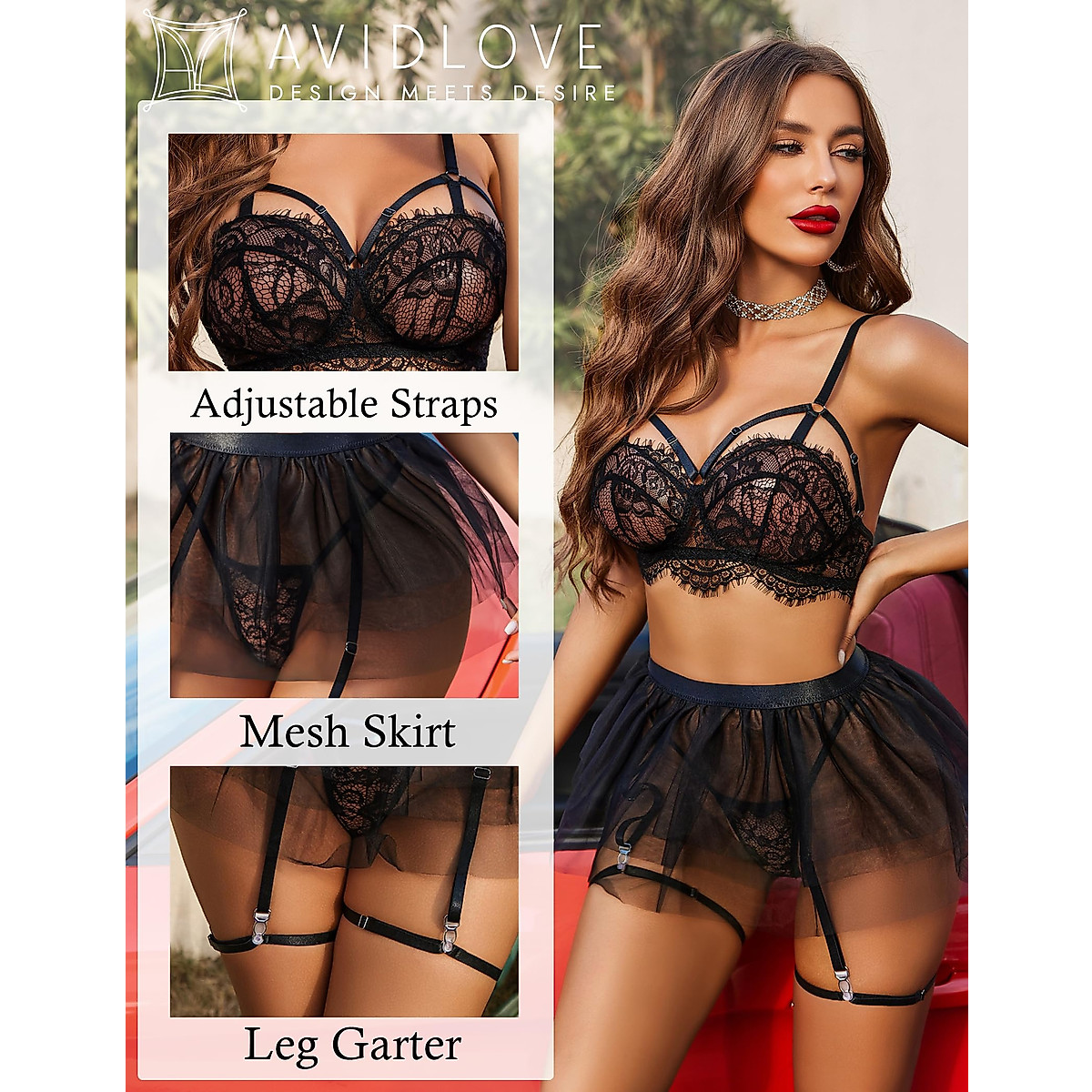 Avidlove Lace Lingerie for Women Sexy Garter Lingerie Set with Tutu Skirt (Black, Medium)
