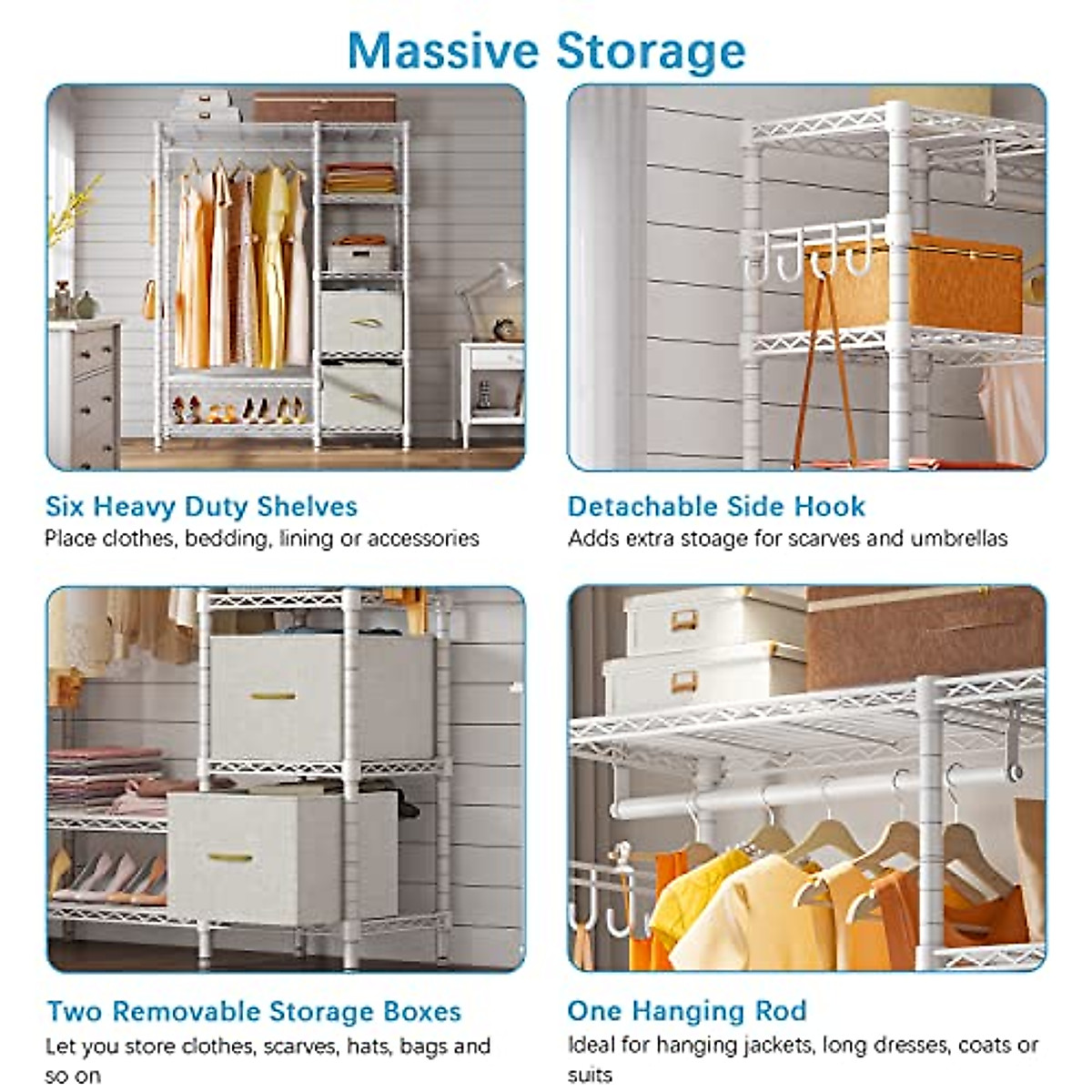 VIPEK V7 Wire Garment Rack 6 Tiers Heavy Duty Clothes Rack with 2 Fabric Drawers, Freestanding Wardrobe Closet Metal Clothing Rack for Hanging Clothes, 44.9"L x 16.5"W x 76.4"H, Max Load 730LBS, White