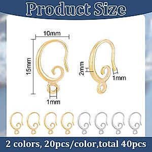 BENECREAT 40Pcs 2 Colors 18K Real Gold Plated Golden Brass Earring Hooks Silver Ear Wire with Loops for Earring Dangle Jewelry Findings, Valentine's Day Festival Gift DIY