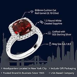 Gem Stone King 925 Sterling Silver Red Garnet and White Created Sapphire Ring For Women (3.10 Cttw, Cushion Cut 8MM, Gemstone Birthstone, Available In Size 5,6,7,8,9)