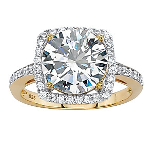 PalmBeach Jewelry Gold-Plated or Platinum-Plated Sterling Silver Round Genuine Gemstone and Round Cubic Zirconia Halo Ring Size 9