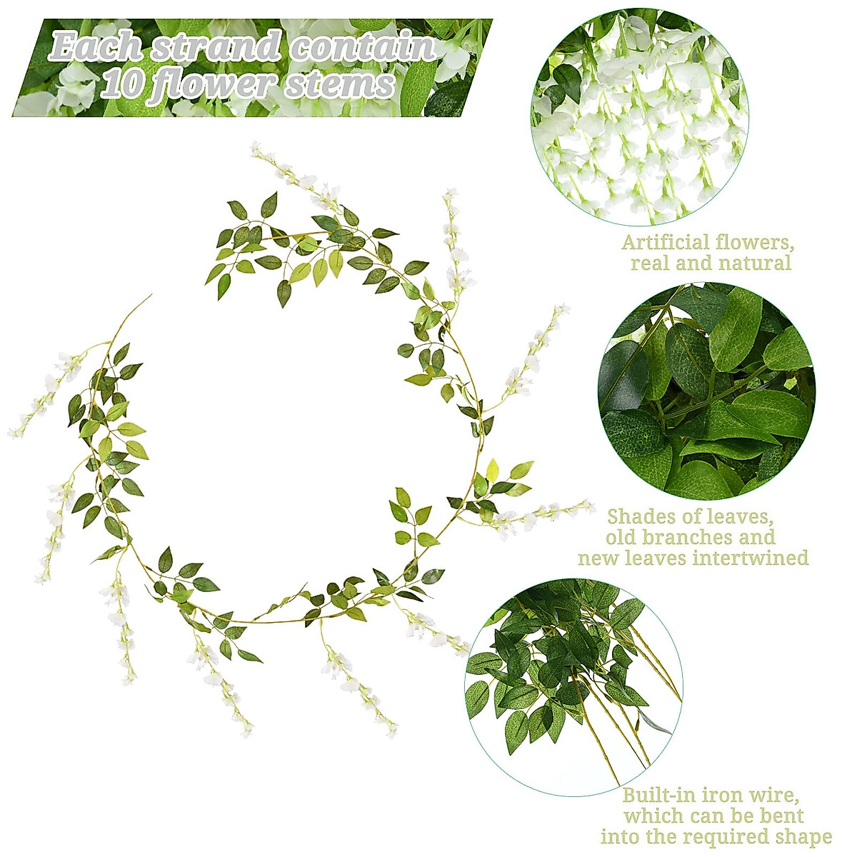 10 Packs Wisteria Artificial Flowers Garland,Total 63ft White Artificial Wisteria Vine Silk Hanging Flower Greenery for Home Garden Outdoor Ceremony Arch Floral Decor Decoration(White)