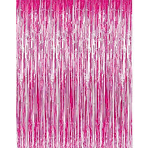 GOER 3.2 ft x 9.8 ft Metallic Tinsel Foil Fringe Curtains Party Photo Backdrop Party Streamers for Galentines Day,Birthday,Graduation,New Year Eve Decorations Wedding Decor (4 Packs,Hot Pink)