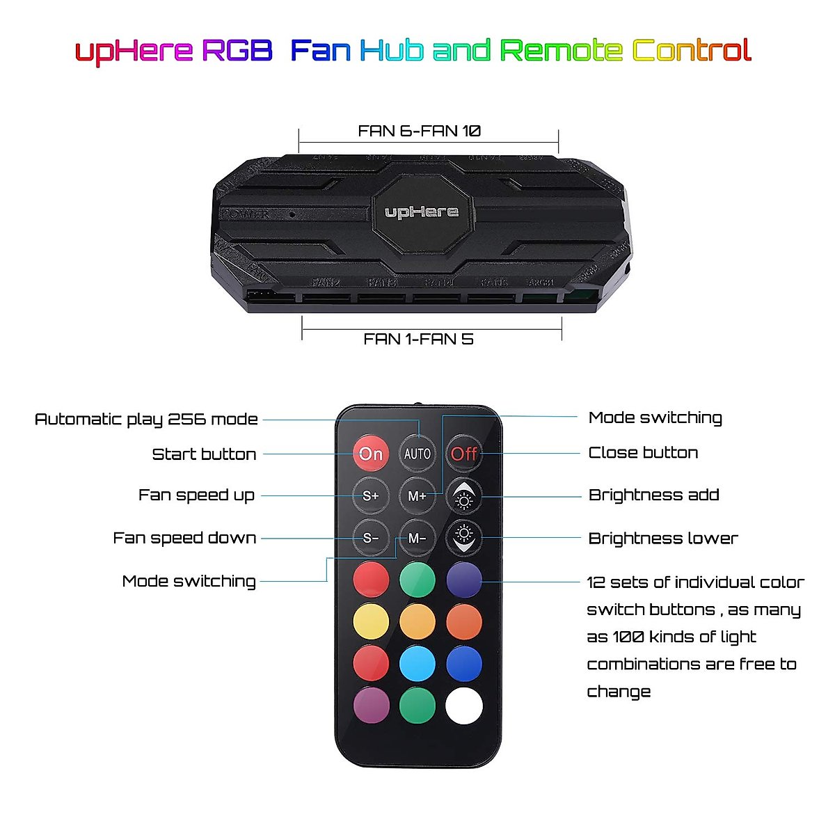 upHere 10-Port 6PIN SATA RGB Hub with 21-Key Remote Control/Splitter for 6-Pin Case Fans in Black-MBX10