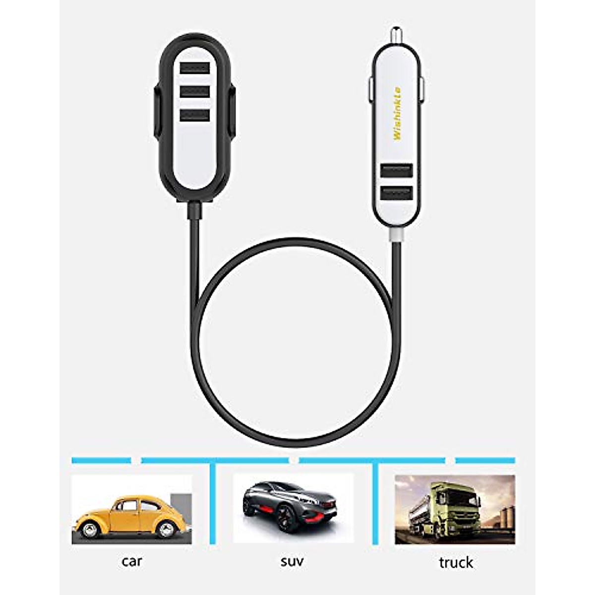 Wishinkle 5 USB Car Charger, 54W Multi Ports Car Charger Adapter, 5ft USB Splitter Vehicle Charger for Samsung Galaxy Note9/S9/S9+ and More