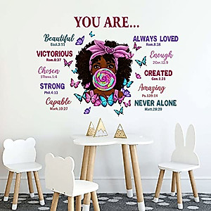 Mfault Black Girl Magic You are Beautiful Inspirational Wall Decals Stickers, Religious Quote Lollipop Butterfly Nursery Decoration African American Bedroom Art, Positive Afro Kid Teen Room Home Decor