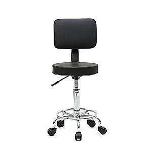 SoSo-BanTian1989 Hydraulic Swivel Salon Stool, Tattoo Massage Facial Spa Chair Footrest Stool with Backrest/Wheels, Height Adjustable, PU Leather Cushion (Black+Silver)