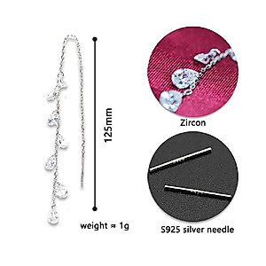 925 Sterling Silver Tassel Drop Earrings Long CZ Droplet Dangle Threader Earrings for Women