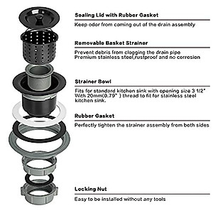 Zeesink Kitchen Sink Drain Assembly,Black Sink Strainer with Removable Basket,Fit for Kitchen Sink Opening Size 3 1/2",Black Color