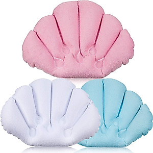 Jetec 3 Pieces Inflatable Bath Pillow with Suction Cups, Terry Cloth Covered Shell Shape Bathtub Spa Pillow Comfortable Soft Cushion, Neck Support(Pink, Blue, White)