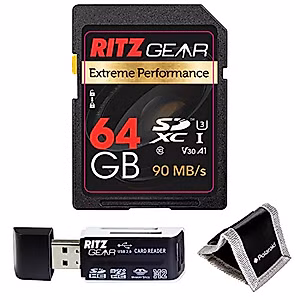 Ritz Gear SD Card SDXC UHS-I 64GB Extreme Performance High Speed 90/60 MB/S U3 A1 Class-10 V30 Memory Card for Camera + Memory-Card-Reader-and-Wallet