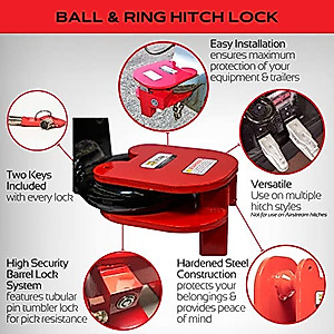 Equipment Lock BRHL - Steel Ball and Ring Hitch Lock - Durable, Secure Trailer Hitch Lock - Trailer Accessories - Electro-Plated and Powder Coated Finish - Red
