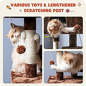 Quuzee Cat Tree for Indoor Cats - 63in Multi-Level Large Cat Tower with 2 Big Cat Condos, 2 Padded Perches, Hammock, 6 Sisal-Covered Scratching Post and Toys for Kittens Pet Play House, Brown