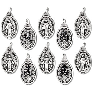 Caritas et Fides Bulk Pack of 10 - Miraculous Medal Pendant for Necklace -1" Oval Silver Oxidized Miraculous Medals Pendant for Necklace, Medals for Jewelry Catholic, Made in Italy
