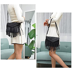 Oweisong Fringe Purse for Women PU Leather Vintage Black Tassel Handbags Hobo Cross Body Bag Messenger Shoulder Satchel