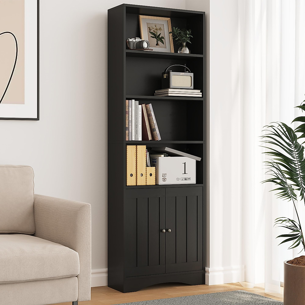 Gizoon Bookcase, Bookshelves and Bookcases, 71” 6-Shelf Bookcase with Doors, Floor Standing Display Storage Shelves, with Adjustable Shelves, for Home, Office, Living Room, Bedroom, Black