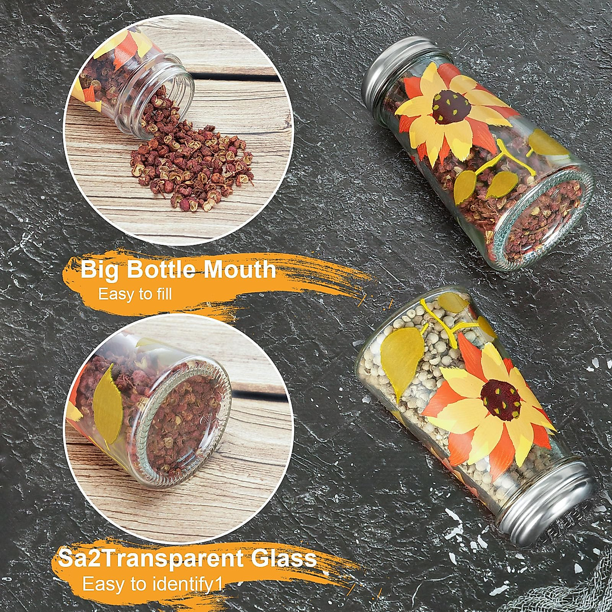 GERUSEA Hand Painted Tapered Salt and Pepper Shaker Set, Sunflowers, Yellow, 2.